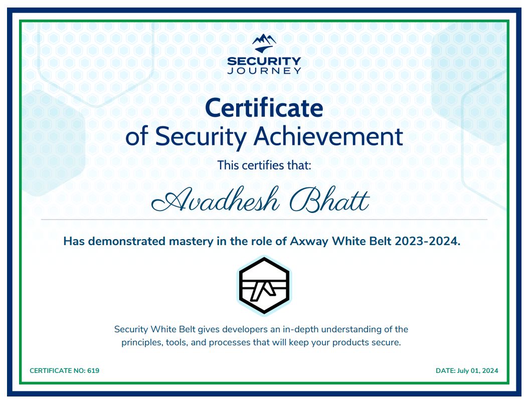 Avadhesh Bhatt on LinkedIn: #securityjourney #whiltebelt #axway Avadhesh Bhatt on LinkedIn: #securityjourney #whiltebelt #axway