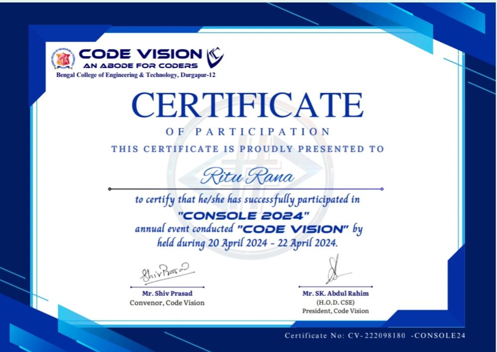 Ritu Rana on LinkedIn: #bcet #codevision #certificate Ritu Rana on LinkedIn: #bcet #codevision #certificate