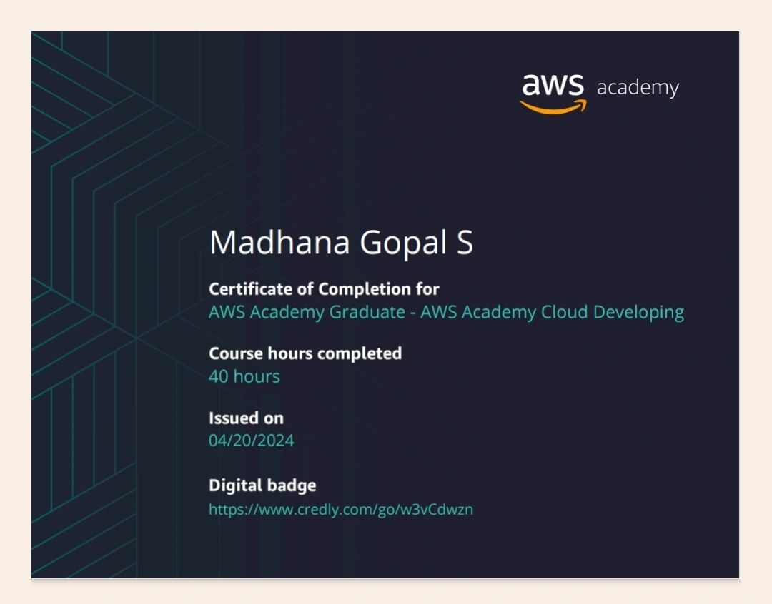 Madhana Gopal S on LinkedIn: #aws #clouddeveloping #continuouslearning Madhana Gopal S on LinkedIn: #aws #clouddeveloping #continuouslearning