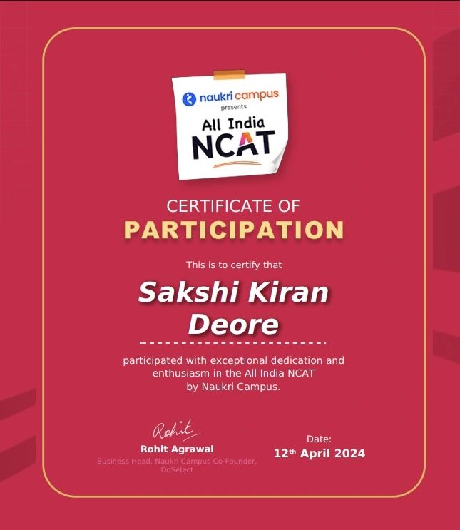 Sakshi Deore on LinkedIn: #naukricampus #ncat #opportunities #certification Sakshi Deore on LinkedIn: #naukricampus #ncat #opportunities #certification