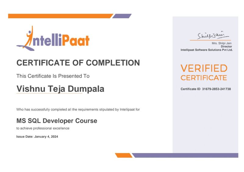Vishnu Teja Dumpala on LinkedIn: #gratitude #sqldeveloper #intellipaat ... Vishnu Teja Dumpala on LinkedIn: #gratitude #sqldeveloper #intellipaat ...