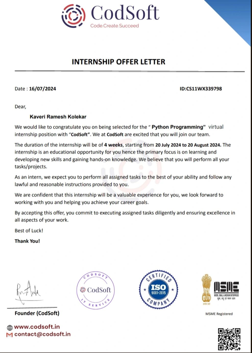 Kaveri Kolekar on LinkedIn: #codsoft #internship #pythonprogramming Kaveri Kolekar on LinkedIn: #codsoft #internship #pythonprogramming