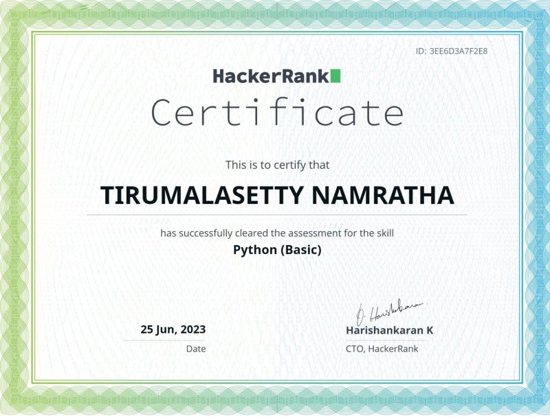 NAMRATHA TIRUMALASETTY on LinkedIn: #python #certification #hackerrank ... NAMRATHA TIRUMALASETTY on LinkedIn: #python #certification #hackerrank ...