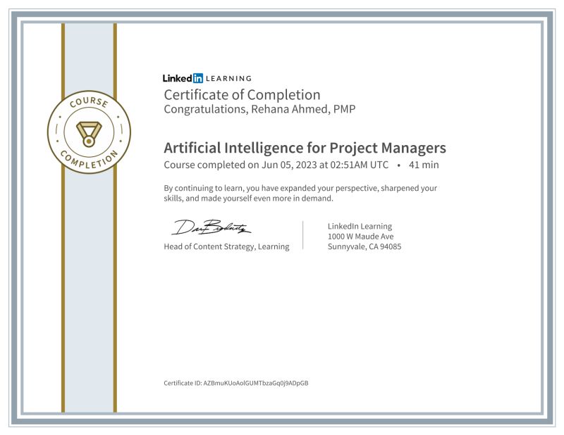 Rehana Ahmed, PMP on LinkedIn: Certificate of Completion Rehana Ahmed, PMP on LinkedIn: Certificate of Completion