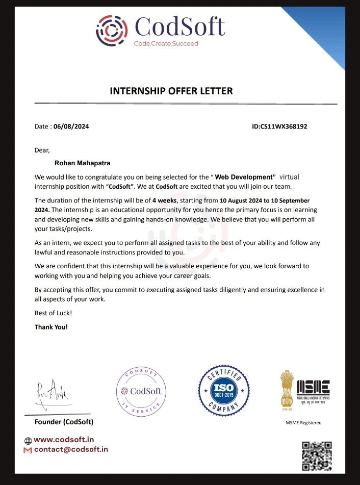 Rohan Mahapatra on LinkedIn: #internship #webdevelopment #codsoft # ... Rohan Mahapatra on LinkedIn: #internship #webdevelopment #codsoft # ...