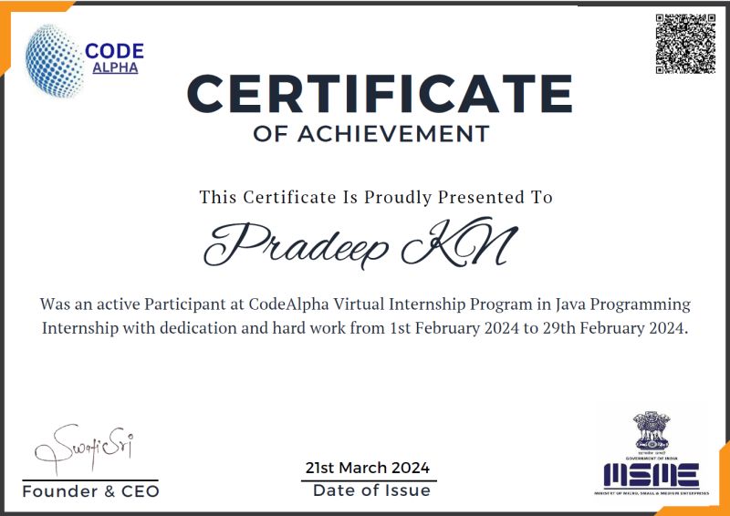 Pradeep KH on LinkedIn: #java #internshipcompletion #codealpha Pradeep KH on LinkedIn: #java #internshipcompletion #codealpha