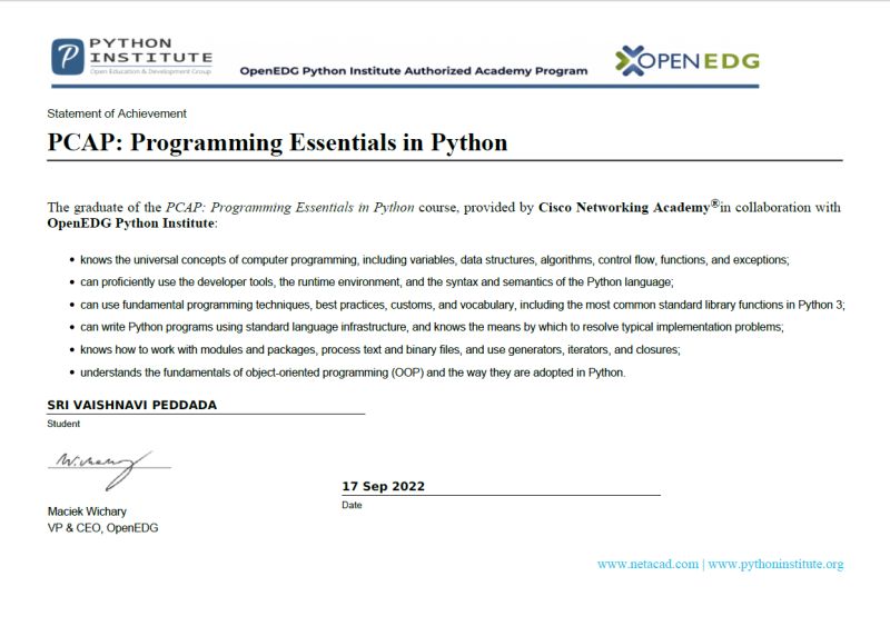Sri Vaishnavi P on LinkedIn: #python #programming #certification # ... Sri Vaishnavi P on LinkedIn: #python #programming #certification # ...