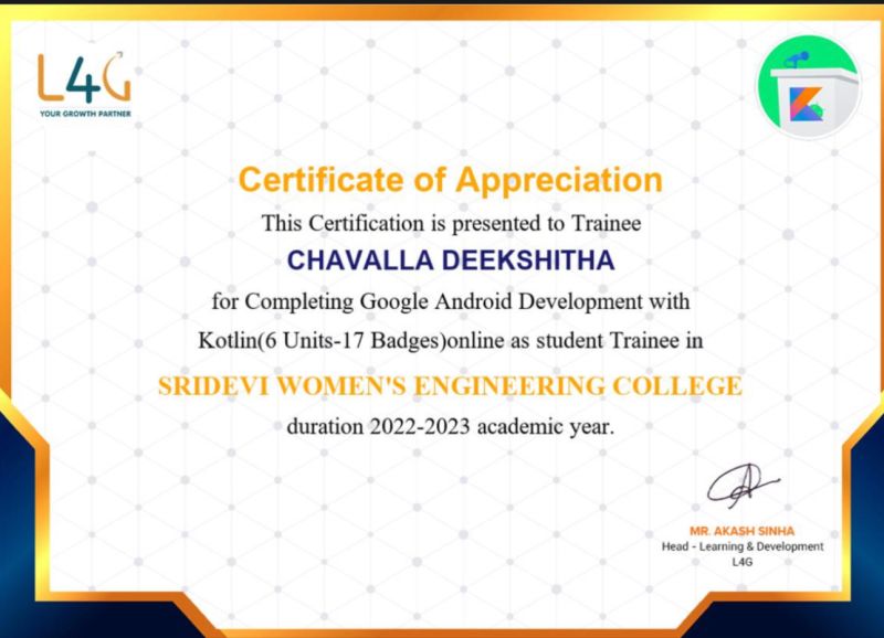 Chavalla Deekshitha on LinkedIn: Completed Google android development ... Chavalla Deekshitha on LinkedIn: Completed Google android development ...