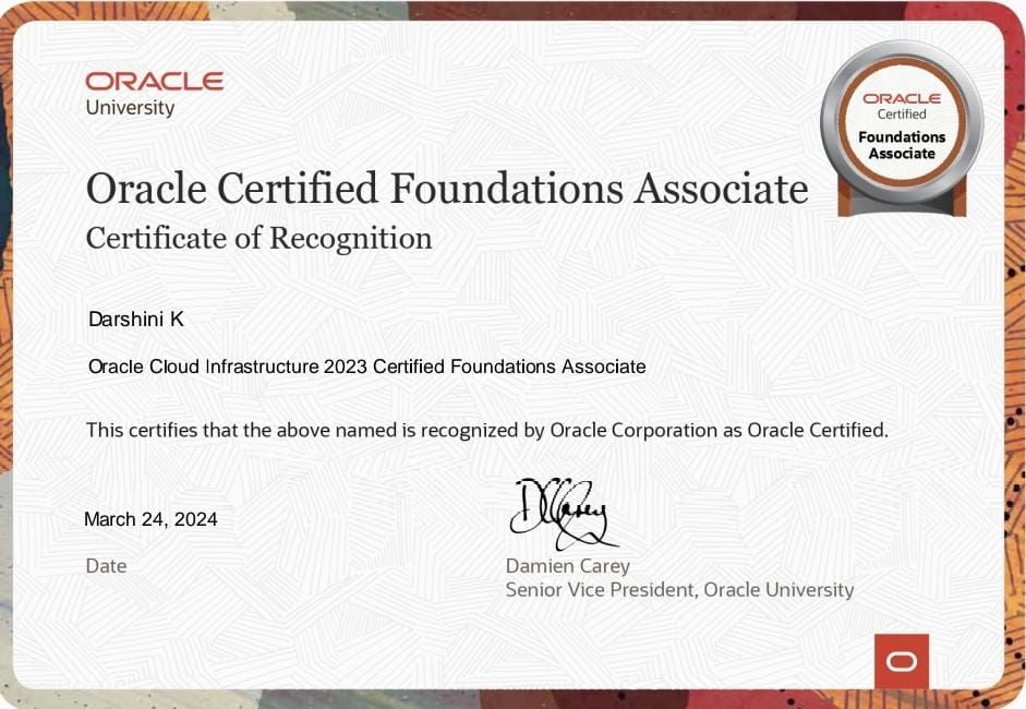 Darshini Karthikeyan on LinkedIn: #oraclecloud #certification # ... Darshini Karthikeyan on LinkedIn: #oraclecloud #certification # ...