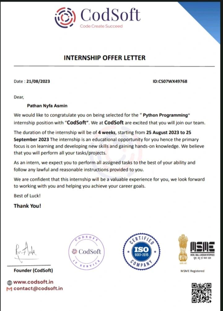 Nyfa Asmin on LinkedIn: #codsoft #virtualinternship #python Nyfa Asmin on LinkedIn: #codsoft #virtualinternship #python