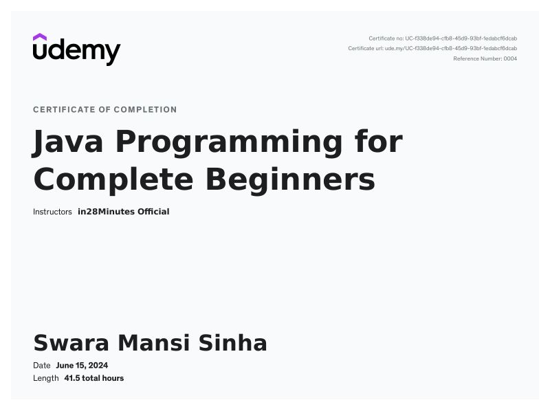 Swara Mansi Sinha on LinkedIn: #udemy #java Swara Mansi Sinha on LinkedIn: #udemy #java