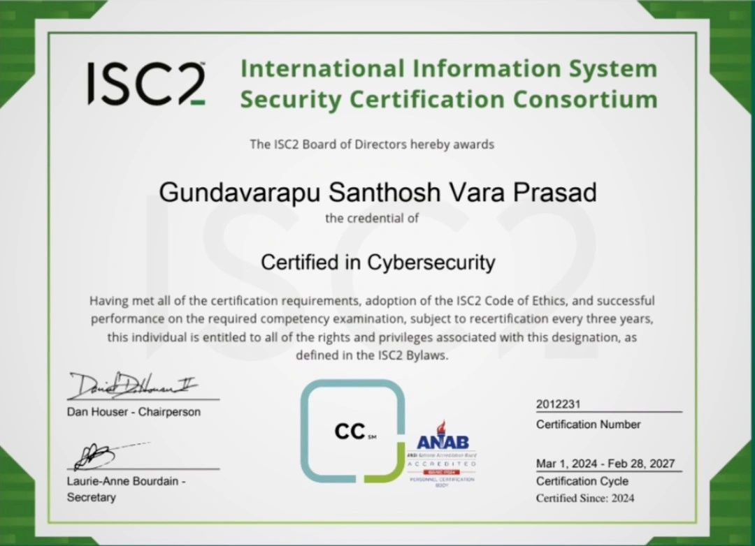 SANTHOSH GUNDAVARAPU on LinkedIn: #cybersecurity #isc2 #professionalgrowth SANTHOSH GUNDAVARAPU on LinkedIn: #cybersecurity #isc2 #professionalgrowth