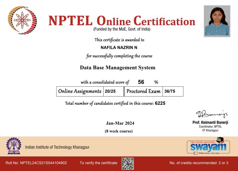 Nafila Nazrin on LinkedIn: #nptel #dbms Nafila Nazrin on LinkedIn: #nptel #dbms