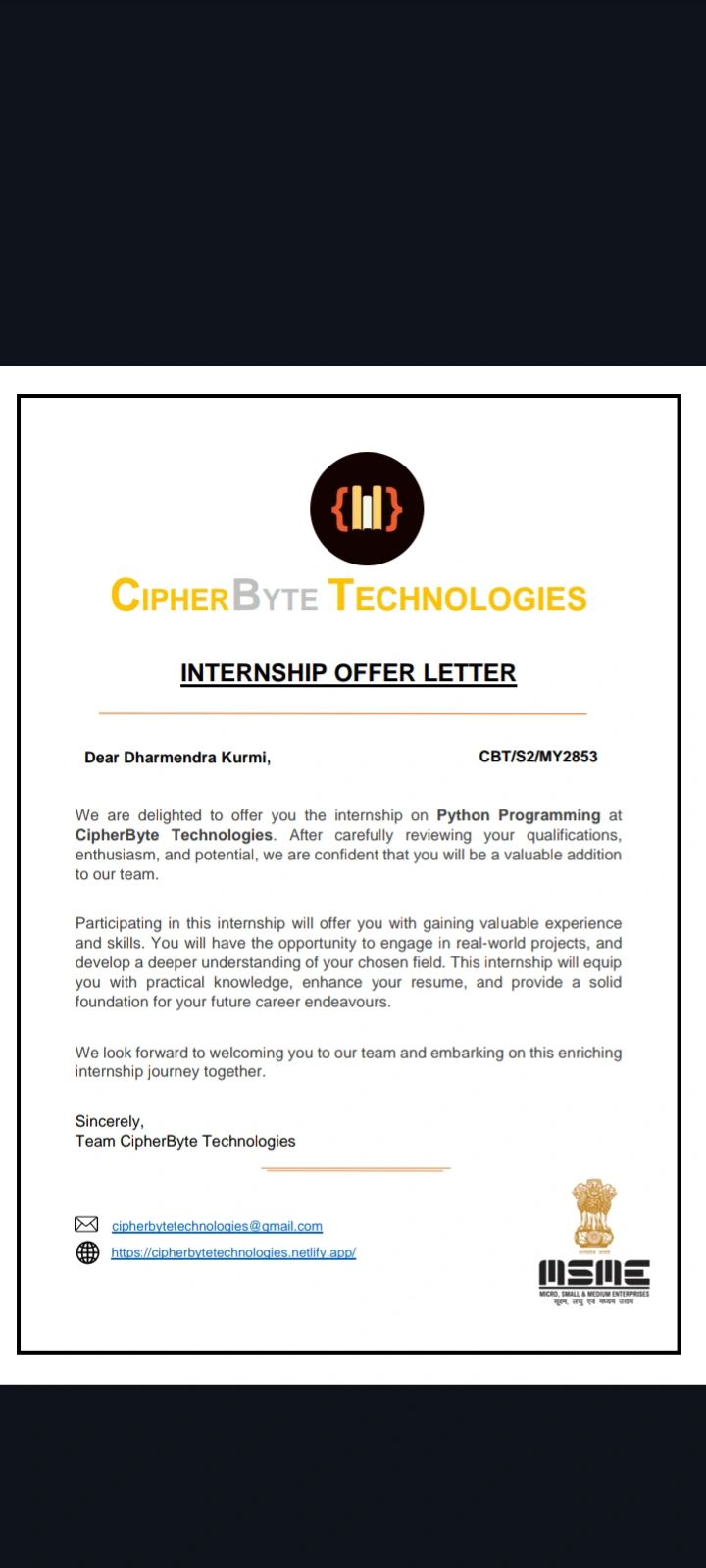 Dharmendra Kurmi on LinkedIn: #cipherbytetechnology #python #programming Dharmendra Kurmi on LinkedIn: #cipherbytetechnology #python #programming