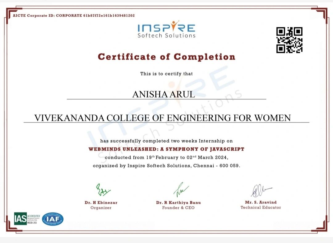 Anisha Arul on LinkedIn: #inspiresoftechsolutions #intenship # ... Anisha Arul on LinkedIn: #inspiresoftechsolutions #intenship # ...