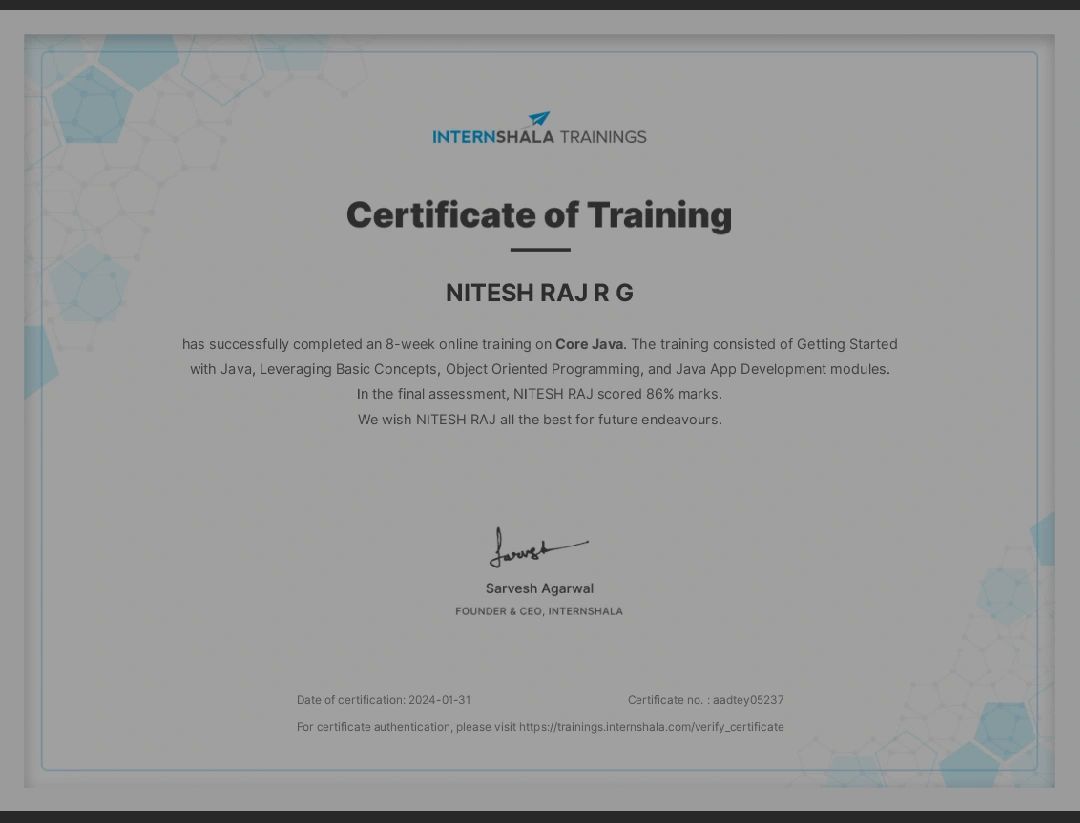 NITESH RAJ R G on LinkedIn: #corejava #internshalatraining # ... NITESH RAJ R G on LinkedIn: #corejava #internshalatraining # ...