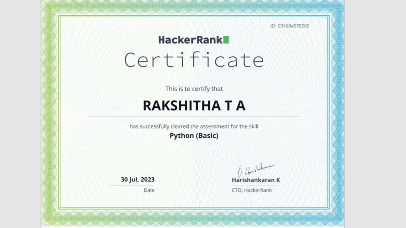 RAKSHITHA ASHOK on LinkedIn: #hackerrank #python #hackerrankcertified RAKSHITHA ASHOK on LinkedIn: #hackerrank #python #hackerrankcertified