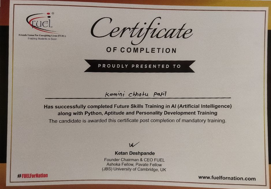Finished Python AI training with Fuel | Kamini Patil posted on the ... Finished Python AI training with Fuel | Kamini Patil posted on the ...