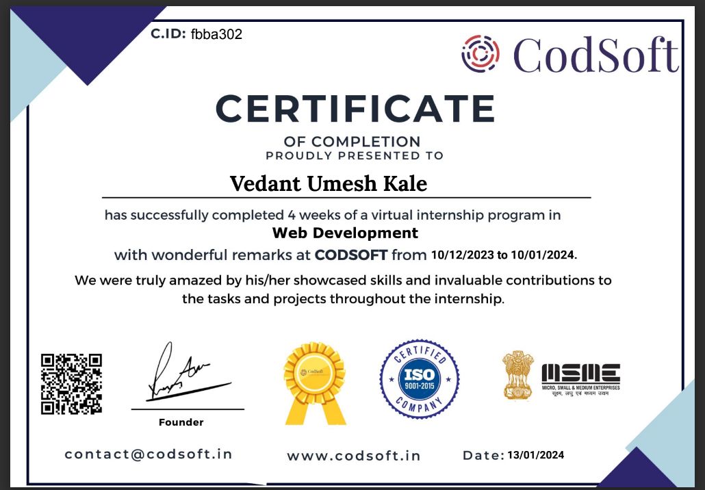 Vedant Kale on LinkedIn: #webdevelopment #internshipcompletion #codsoft ... Vedant Kale on LinkedIn: #webdevelopment #internshipcompletion #codsoft ...