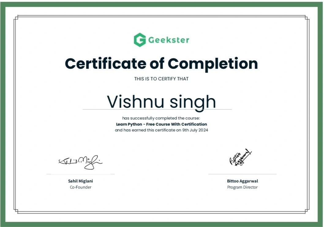 Vishnu Singh on LinkedIn: #python #programming #geekster #certificate # ... Vishnu Singh on LinkedIn: #python #programming #geekster #certificate # ...