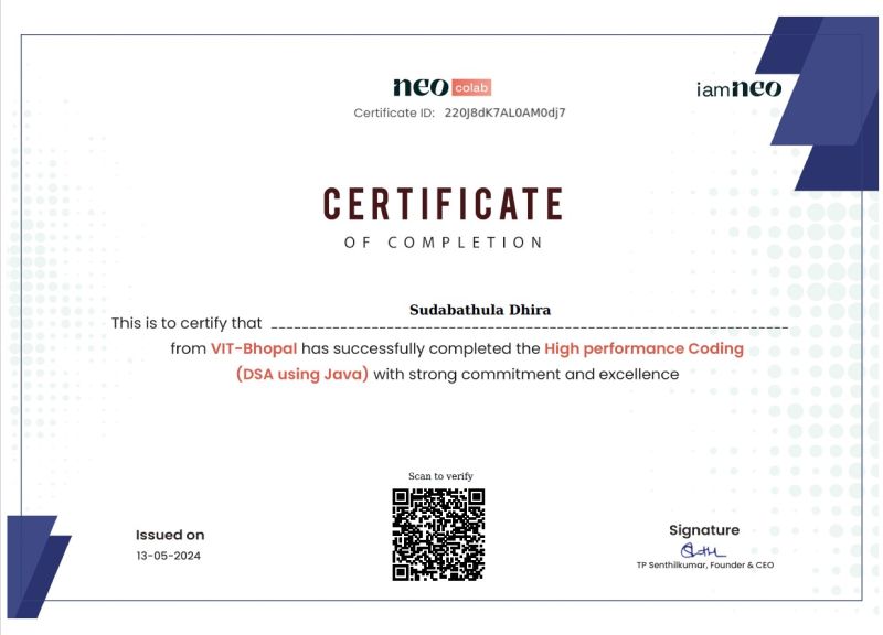 Dhira Sudabathula on LinkedIn: #achievement #iamneo #codingcertificate ... Dhira Sudabathula on LinkedIn: #achievement #iamneo #codingcertificate ...