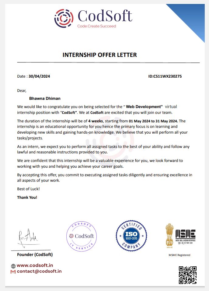 Bhawna Dhiman on LinkedIn: #codsoft #freshers #internship #intern Bhawna Dhiman on LinkedIn: #codsoft #freshers #internship #intern