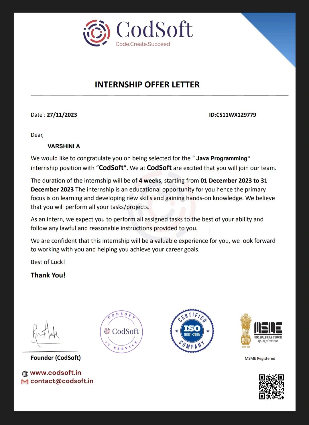 Varshini A on LinkedIn: #javaprogramming #internship #codsoft #learning ... Varshini A on LinkedIn: #javaprogramming #internship #codsoft #learning ...