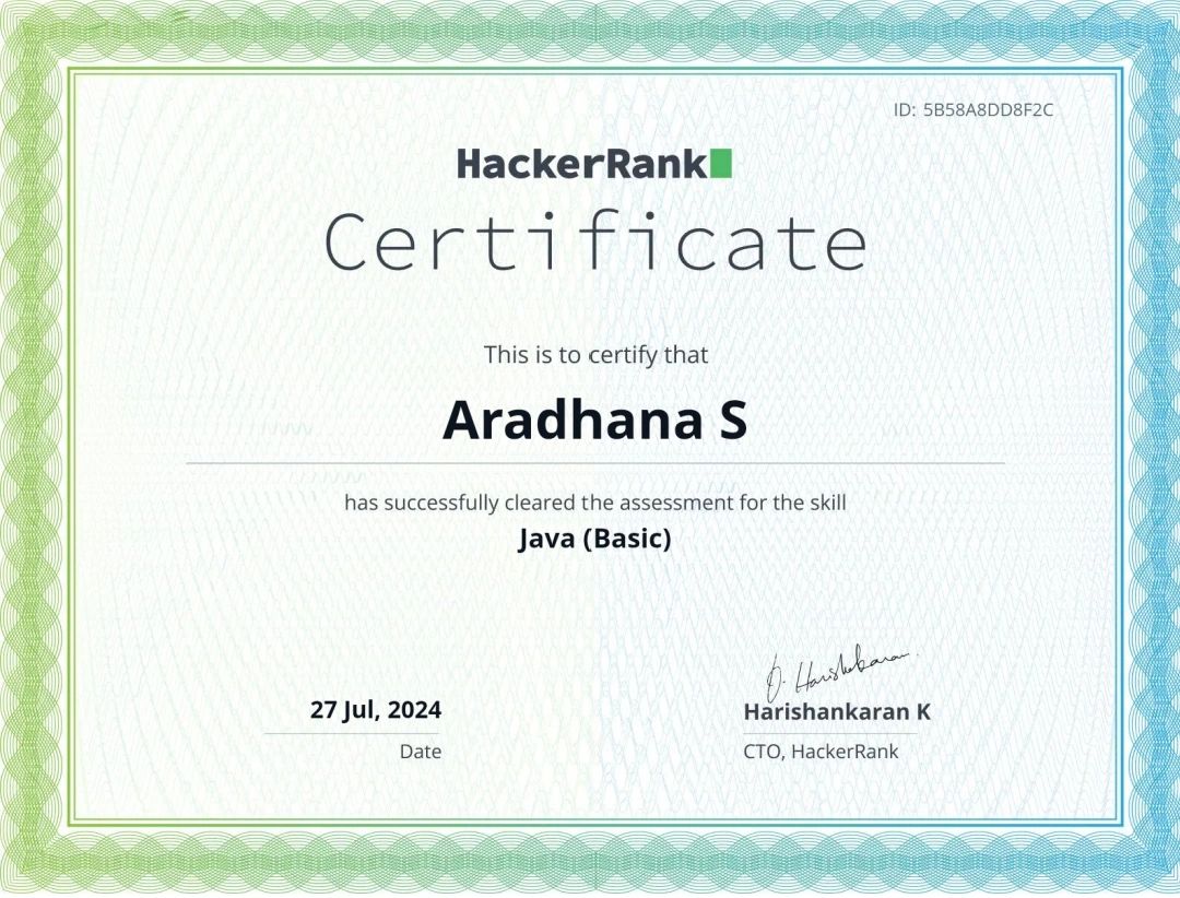 Aradhana S on LinkedIn: #java #programming #certification #hackerrank # ... Aradhana S on LinkedIn: #java #programming #certification #hackerrank # ...