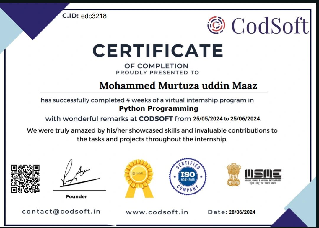 Mohammed Maaz on LinkedIn: #python #codsoft #internship #programming # ... Mohammed Maaz on LinkedIn: #python #codsoft #internship #programming # ...