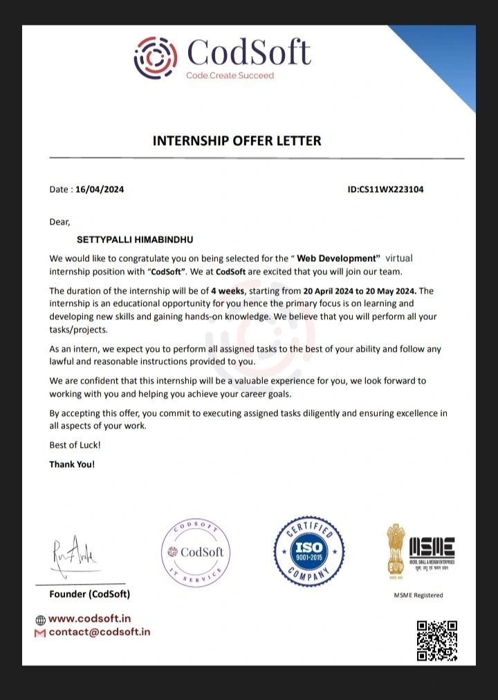 Himabindhu Settypalli on LinkedIn: 🎉 Internship offer letter by CodSoft Himabindhu Settypalli on LinkedIn: 🎉 Internship offer letter by CodSoft