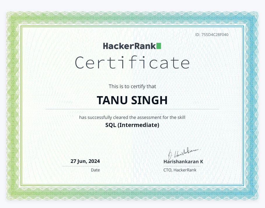 Tanu Singh on LinkedIn: #sql #certification #hackerrank #databasemanagement Tanu Singh on LinkedIn: #sql #certification #hackerrank #databasemanagement