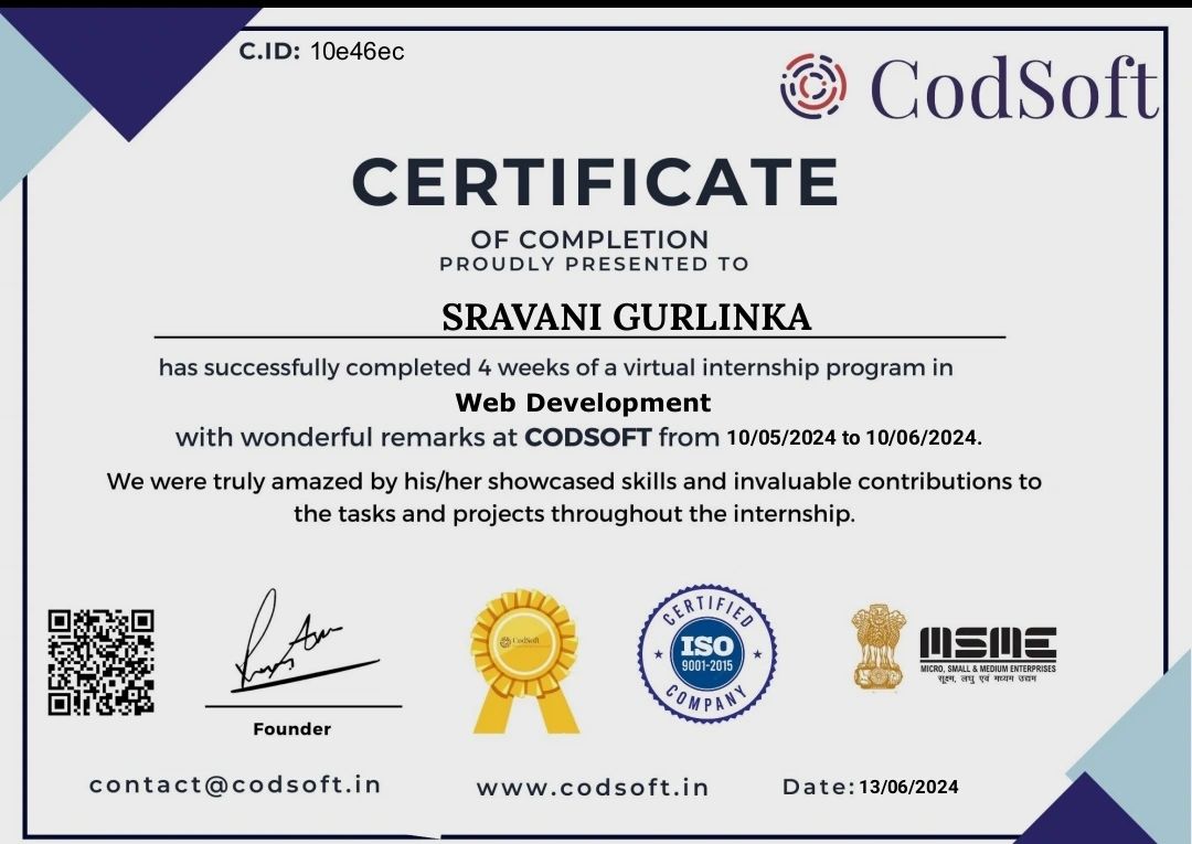 Sravani Gurlinka on LinkedIn: #codsoft #internship #webdevelopment Sravani Gurlinka on LinkedIn: #codsoft #internship #webdevelopment