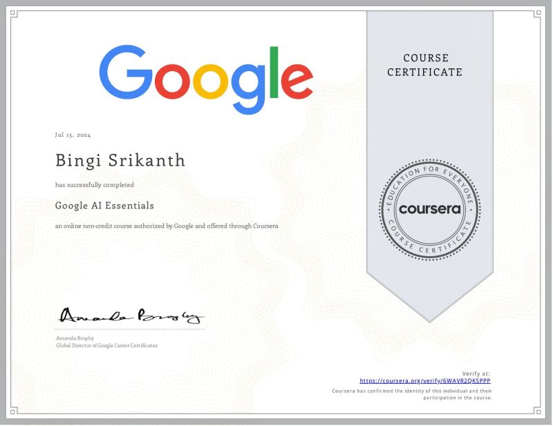 Bingi Srikanth on LinkedIn: #googleaiessentials #coursera #ai # ... Bingi Srikanth on LinkedIn: #googleaiessentials #coursera #ai # ...