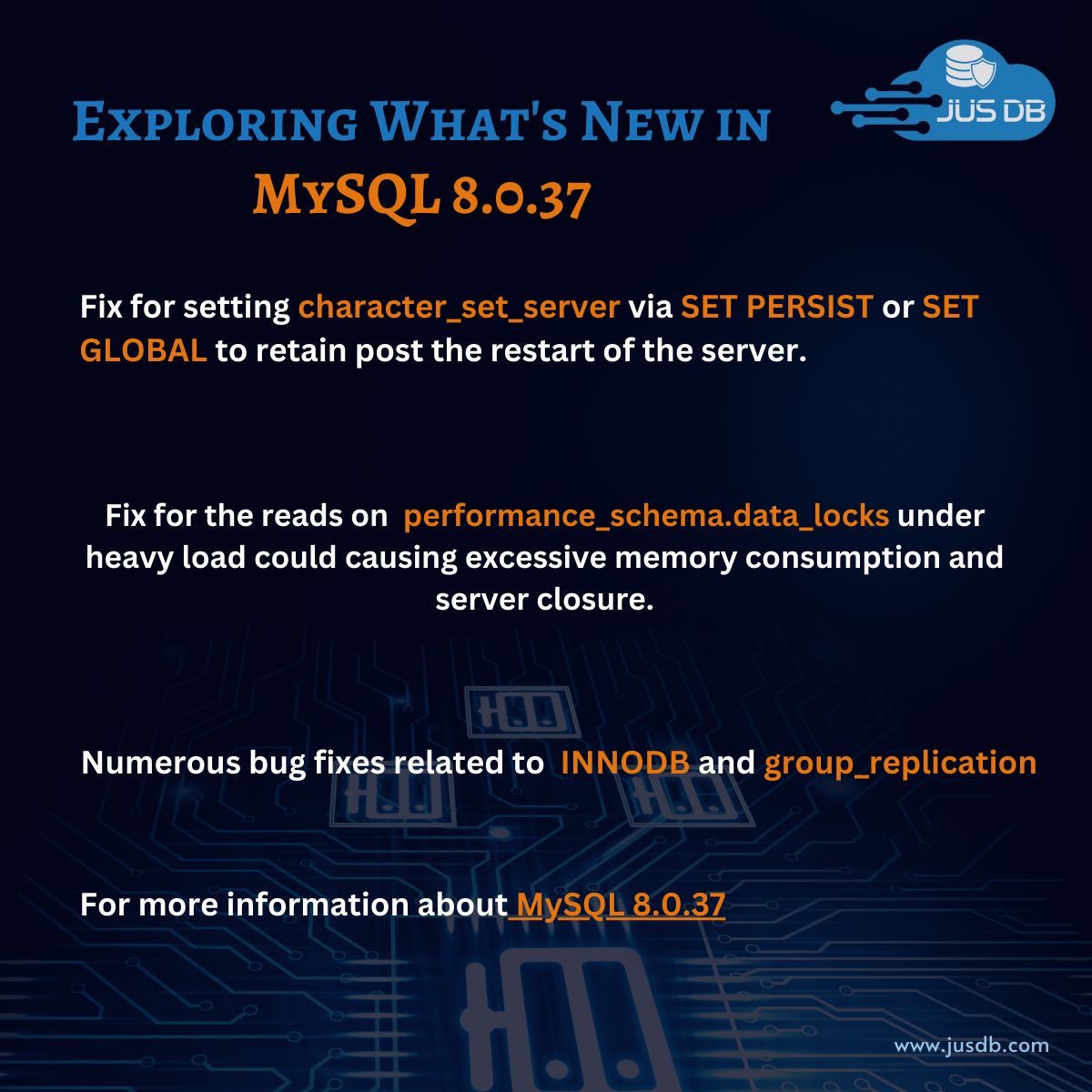 JusDB on LinkedIn: #mysql8 #latestrelease #database #reliability JusDB on LinkedIn: #mysql8 #latestrelease #database #reliability
