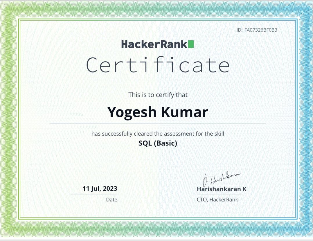 Yogesh Kumar on LinkedIn: #sql #certified #hackerrank Yogesh Kumar on LinkedIn: #sql #certified #hackerrank