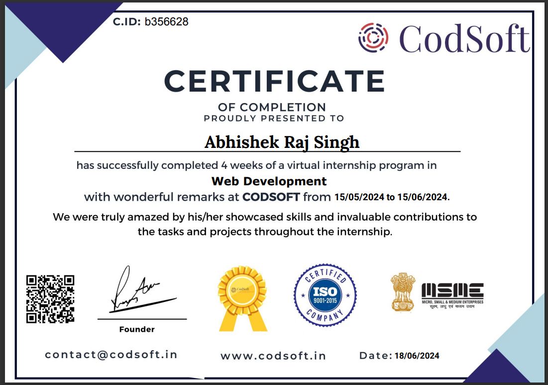 Abhishek Raj Singh on LinkedIn: #internship #codsoft #webdevelopment Abhishek Raj Singh on LinkedIn: #internship #codsoft #webdevelopment