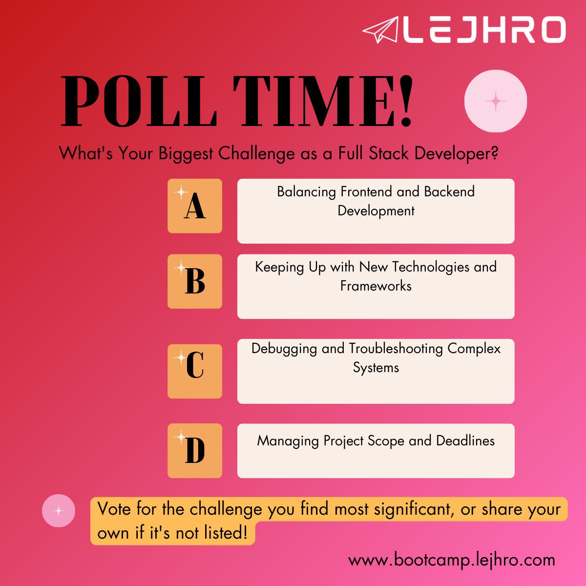 Lejhro Bootcamp on LinkedIn: #fullstackdeveloper #developerpoll # ... Lejhro Bootcamp on LinkedIn: #fullstackdeveloper #developerpoll # ...