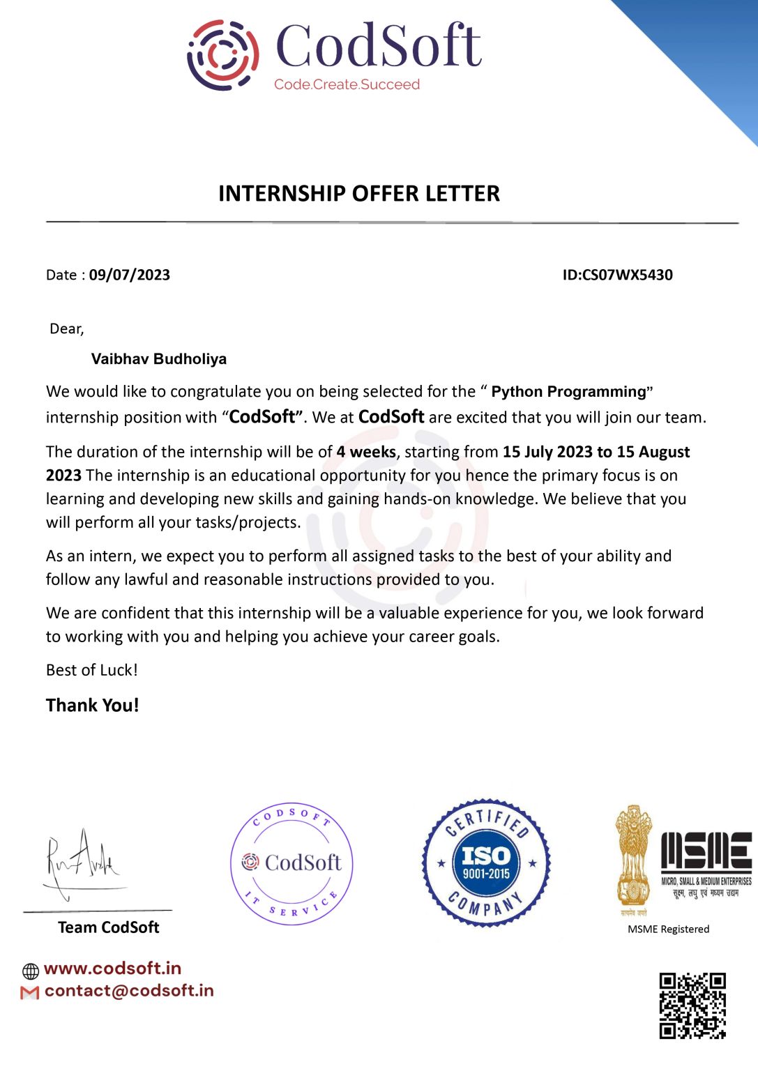 Vaibhav Budholiya on LinkedIn: #codsoft #internship #pythonprogramming Vaibhav Budholiya on LinkedIn: #codsoft #internship #pythonprogramming
