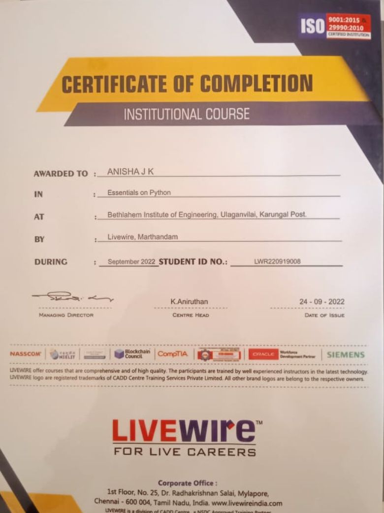 Anisha J K on LinkedIn: #coursecompletion #coursecertification #python ... Anisha J K on LinkedIn: #coursecompletion #coursecertification #python ...