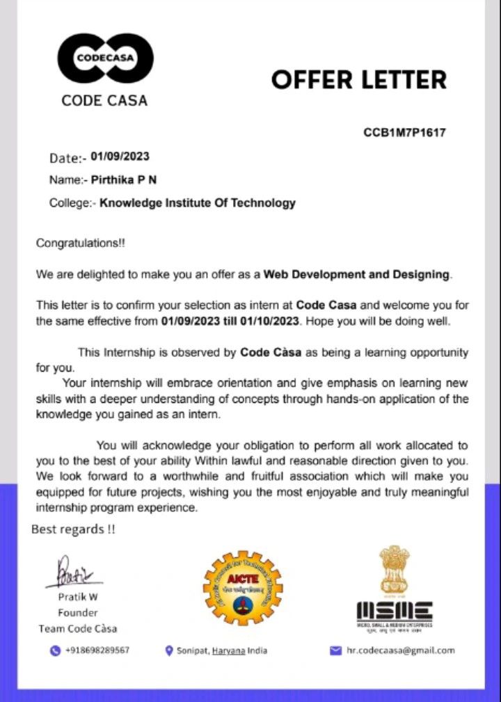 PIRTHIKA P N on LinkedIn: Delighted to get an internship offer from ... PIRTHIKA P N on LinkedIn: Delighted to get an internship offer from ...