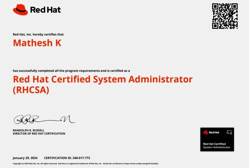 Mathesh K on LinkedIn: #rhcsa #certificationsuccess #linuxadmin Mathesh K on LinkedIn: #rhcsa #certificationsuccess #linuxadmin