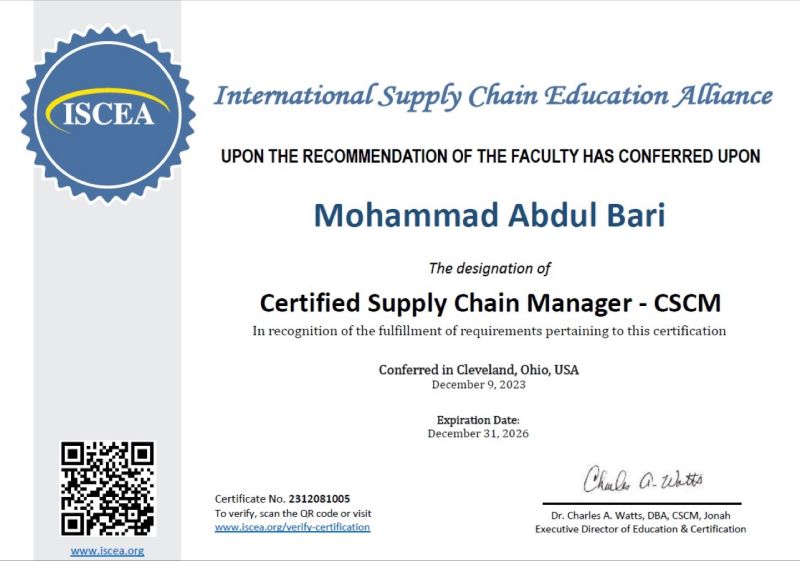 Mohammad Abdul Bari PGDSCM, CSCM on LinkedIn: Completed Certified ... Mohammad Abdul Bari PGDSCM, CSCM on LinkedIn: Completed Certified ...