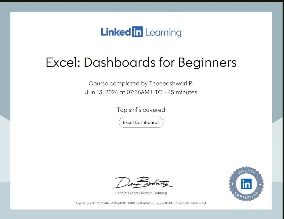 Completed Excel Dashboards for beginners course | Theneeshwari P posted ... Completed Excel Dashboards for beginners course | Theneeshwari P posted ...