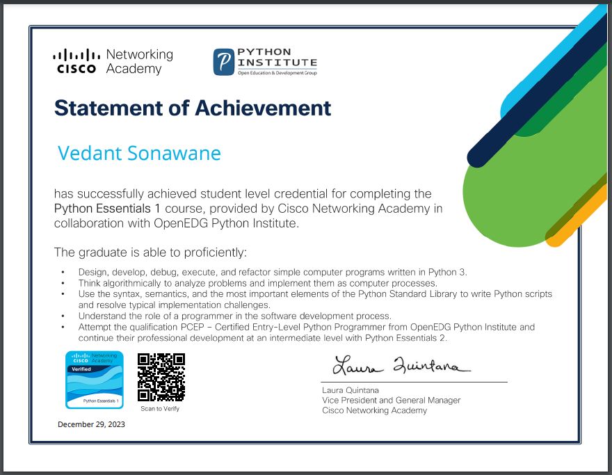 Earned Python certification with CISCO | Vedant Sonawane posted on the ... Earned Python certification with CISCO | Vedant Sonawane posted on the ...