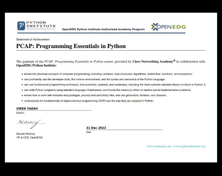 Viren Yadav on LinkedIn: Programming Essentials in Python Certificate... Viren Yadav on LinkedIn: Programming Essentials in Python Certificate...