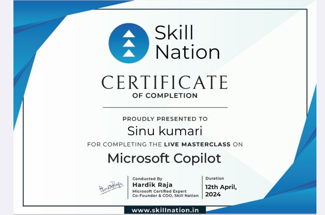 Sinu Kumari on LinkedIn: Certificate of completion Microsoft copilot by ... Sinu Kumari on LinkedIn: Certificate of completion Microsoft copilot by ...