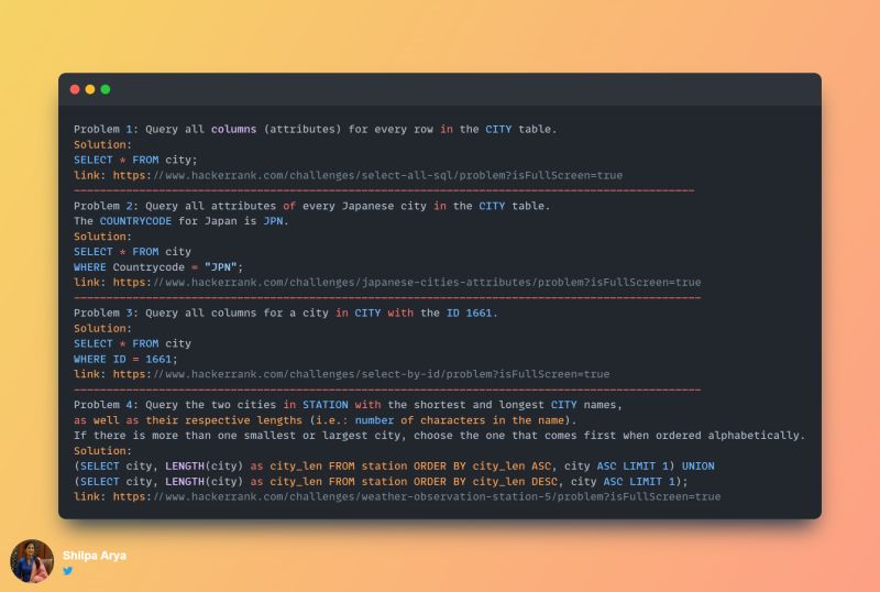 Shilpa Arya on LinkedIn: Hey Everyone, I have solved SQL questions from ... Shilpa Arya on LinkedIn: Hey Everyone, I have solved SQL questions from ...