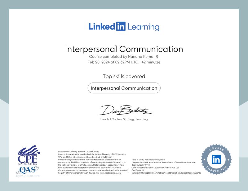 Nandha Kumar R on LinkedIn: Certificate of Completion Nandha Kumar R on LinkedIn: Certificate of Completion