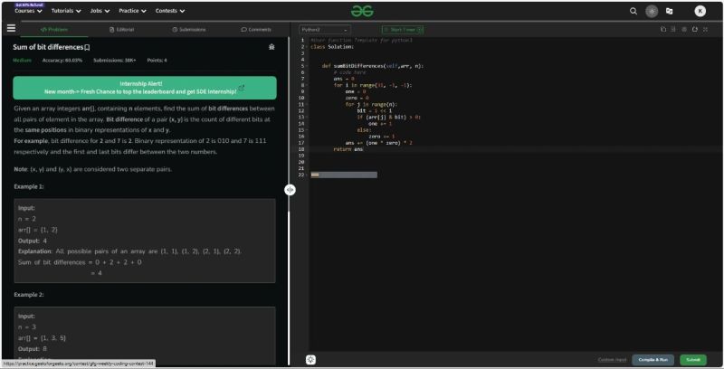 💪🔍 Solved the Sum of Bit Differences problem as part of my 100 Days DSA ... 💪🔍 Solved the Sum of Bit Differences problem as part of my 100 Days DSA ...