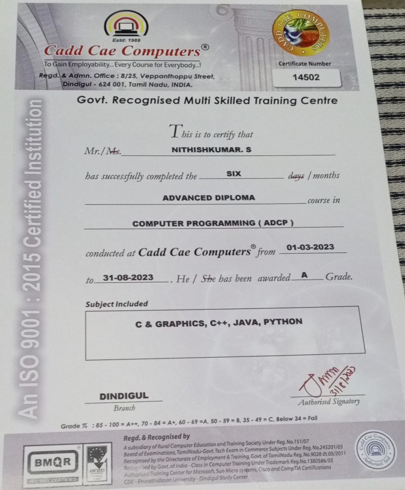 nithish kumar on LinkedIn: I was completed C & GRAPHICS,C++,JAVA, PYTHON nithish kumar on LinkedIn: I was completed C & GRAPHICS,C++,JAVA, PYTHON